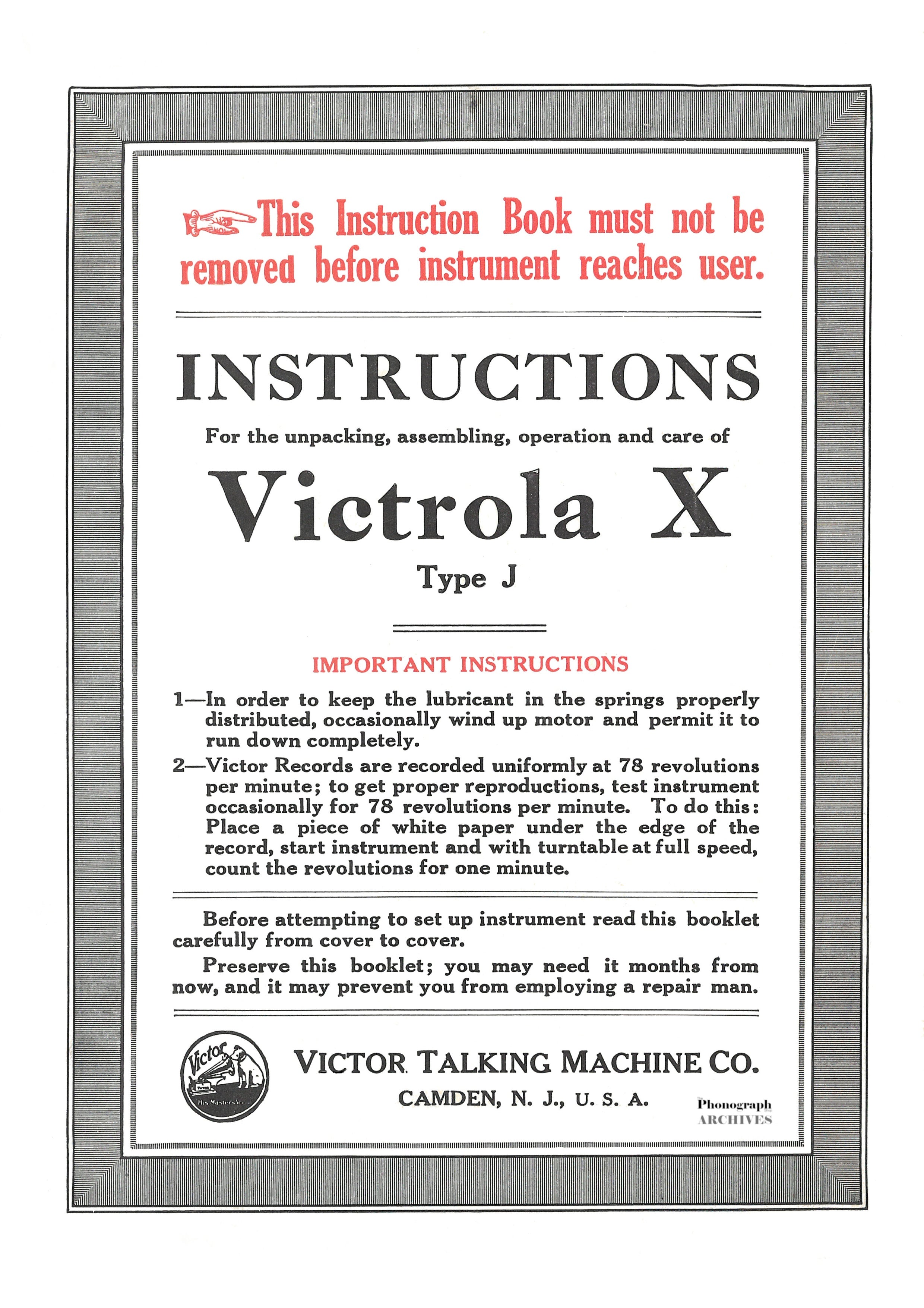 Instructions for the Victrola VV-X Type J (PDF Version) – The ...