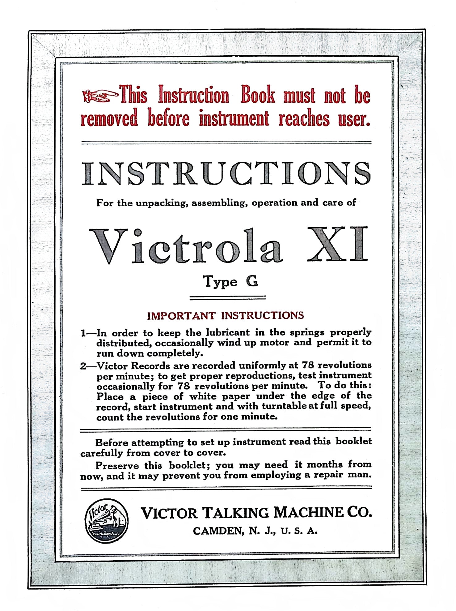 Instructions for the Victrola VV-XI Type G (PDF Version) – The ...